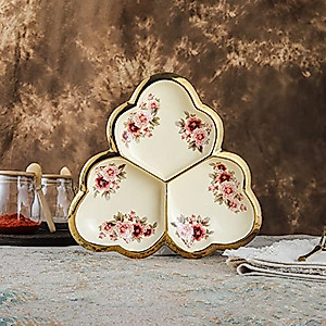 fanquare 3 Compartment Platter, Gold Porcelain Appetizer Serving Tray, Floral Ceramic Divided Serving Plate for Fruit, Candy, Nuts