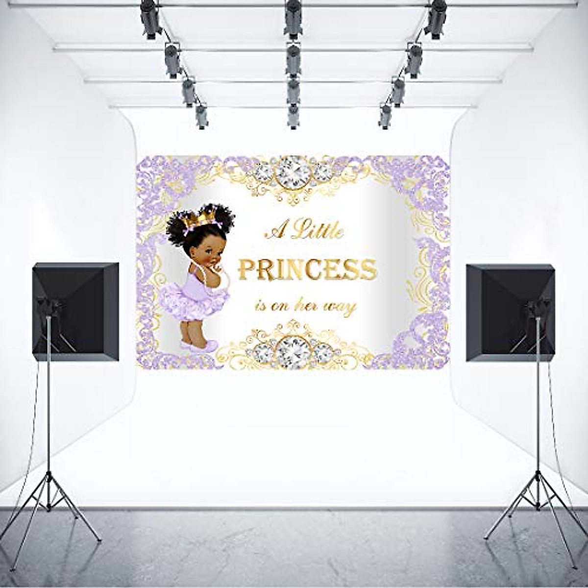 Aperturee Royal Princess Baby Shower Backdrop 7x5ft Little Girl Glitter Diamonds Purple Crown Photography Background Party Decorations Cake Table Banner Favors Photo Booth Studio Prop Supplies