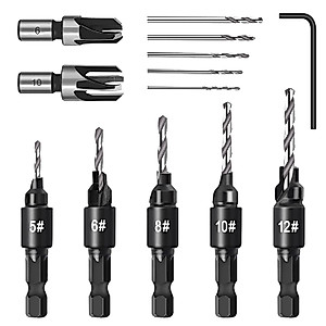 Countersink Drill Bit Set, Woodworking Chamfered Adjustable Counter Sinker Tools on Counter Sink Holes with 1/4" Hex Shank, 2 Pcs Wood Plug Cutter Drilling Tools for DIY Woodworking with One L-Wrench