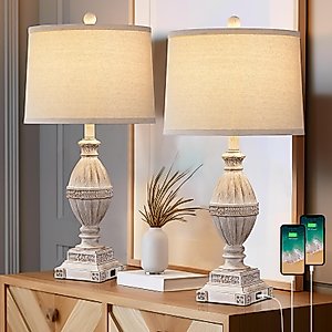 Drawealth Farmhouse Bedside Table Lamps Set of 2 Lamps for Nightstand with USB Charging Ports Vintage Traditional Tall Table Lamps for Bedroom Living Room End Tables, Bulbs Not Included