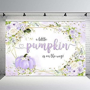 MEHOFOND 7x5ft Autumn Pumpkin Backdrop for Girl Baby Shower Purple Floral Baby Girl Party Decor A Little Pumpkin is On The Way Photography Background Gold Glitter Banner Photoshoot Props