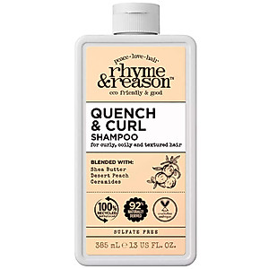 RR Hair Rhyme & Reason Quench and Curl Shampoo Conditioner Set. 13 Fl Oz Bottles. For Curly, Coily, Textured Hair. Blended with Shea Butter, Desert Peach Ceramides. Vegan, Sulfate Cruelty Free.