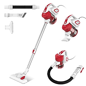 YOMA Corded Stick Vacuum Cleaner with 18KPA Powerful Suction, 600W Corded Handheld Vac Lightweight with Versatile Attachment for Hardwood Floors & Stair and Pet Hair, M2252 Red