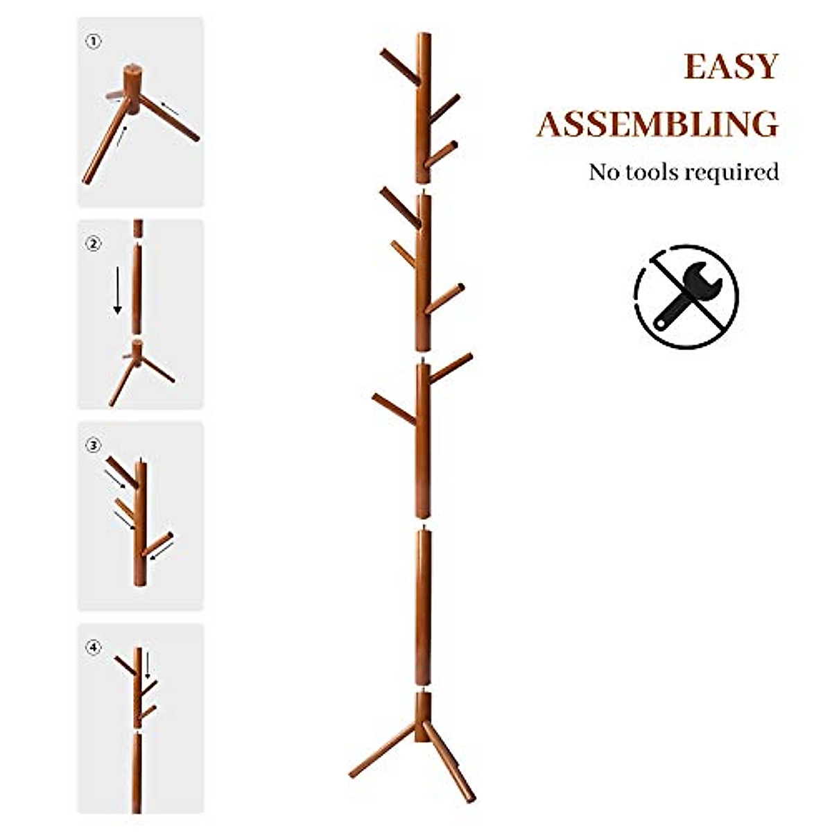 DADILL Wooden Tree Coat Rack with 3 Adjustable Sizes, 8 Hooks, Easy Assembly Free Standing Solid Coat Hanger Stand for Clothes, Garment, Hats, Umbrellas, Scarves in Hallway, Entryway, Dark Walnut