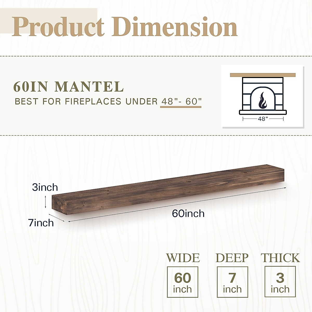 Eshoma Fireplace Mantel, 60 Inch Handcrafted Wood Mantles with Invisible Heavy Duty Metal Bracket, Floating Mantel Shelf for Wall Decor, Brown