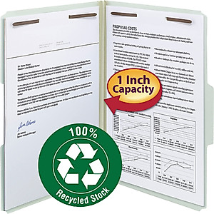 Smead 100% Recycled Pressboard Fastener File Folder, 2 Fasteners, 1/3-Cut Tab, 1" Expansion, Legal Size, Gray/Green, 25 per Box (20003)