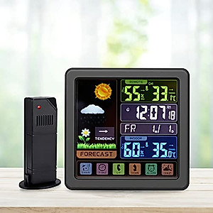 Weather Station Wireless Indoor Outdoor Thermometer, Multi-Function Color Display Digital Weather Thermometer with Atomic Clock, Forecast Station with Calendar and Adjustable Backlight