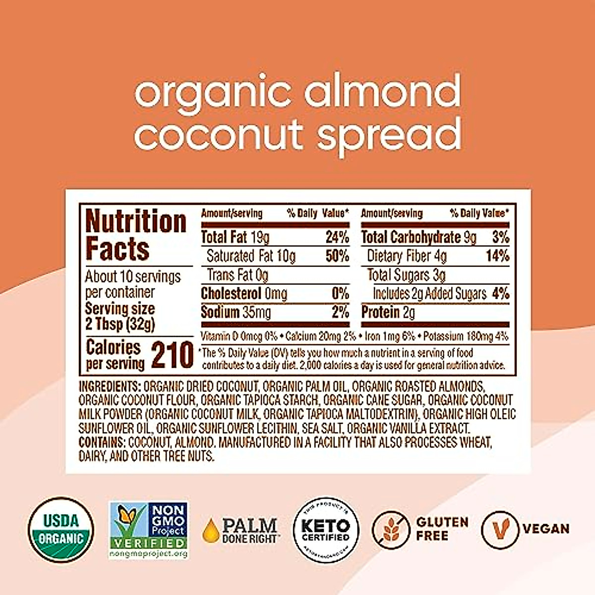 Nutiva Organic Almond Coconut Spread,11.5 oz (Pack of 2)- 3g Sugar Per Serving,Low Carb,Non-GMO, Gluten Free,Keto Certified, Paleo, Vegan, Smooth, No Stir