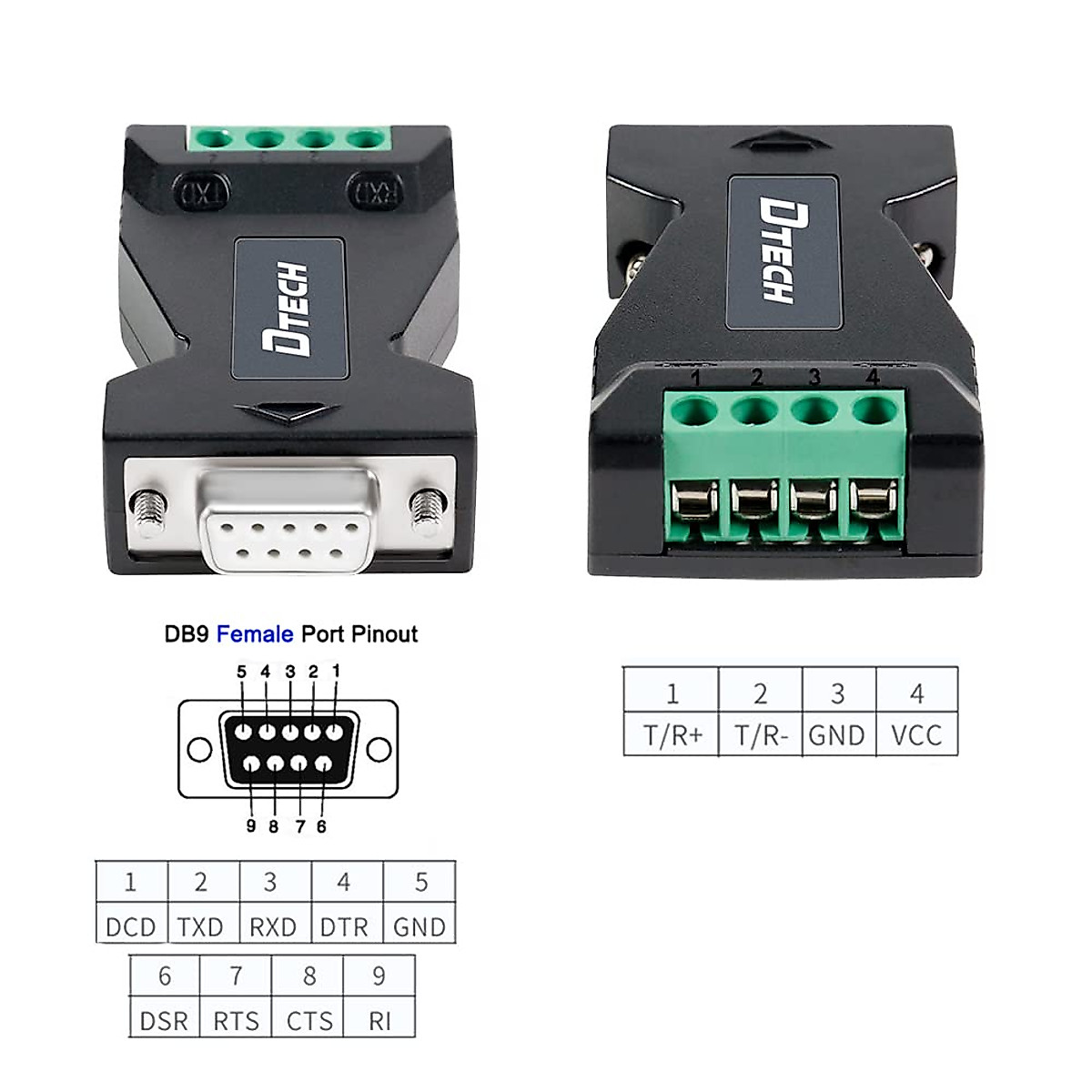 DTECH RS232 to RS485 Converter Serial Adapter with 4 Position Terminal Block for Long Haul Data Communication Supports 600W Anti-Surge