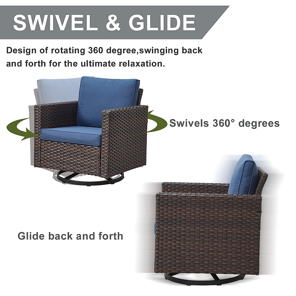 HUMMUH 5 Piece Patio Furniture Set All-Weather PE Wicker Outdoor Swivel Rocker Chairs Set of 2 with Ottomans Side Table for Patio,Porch,Garden,Backyard