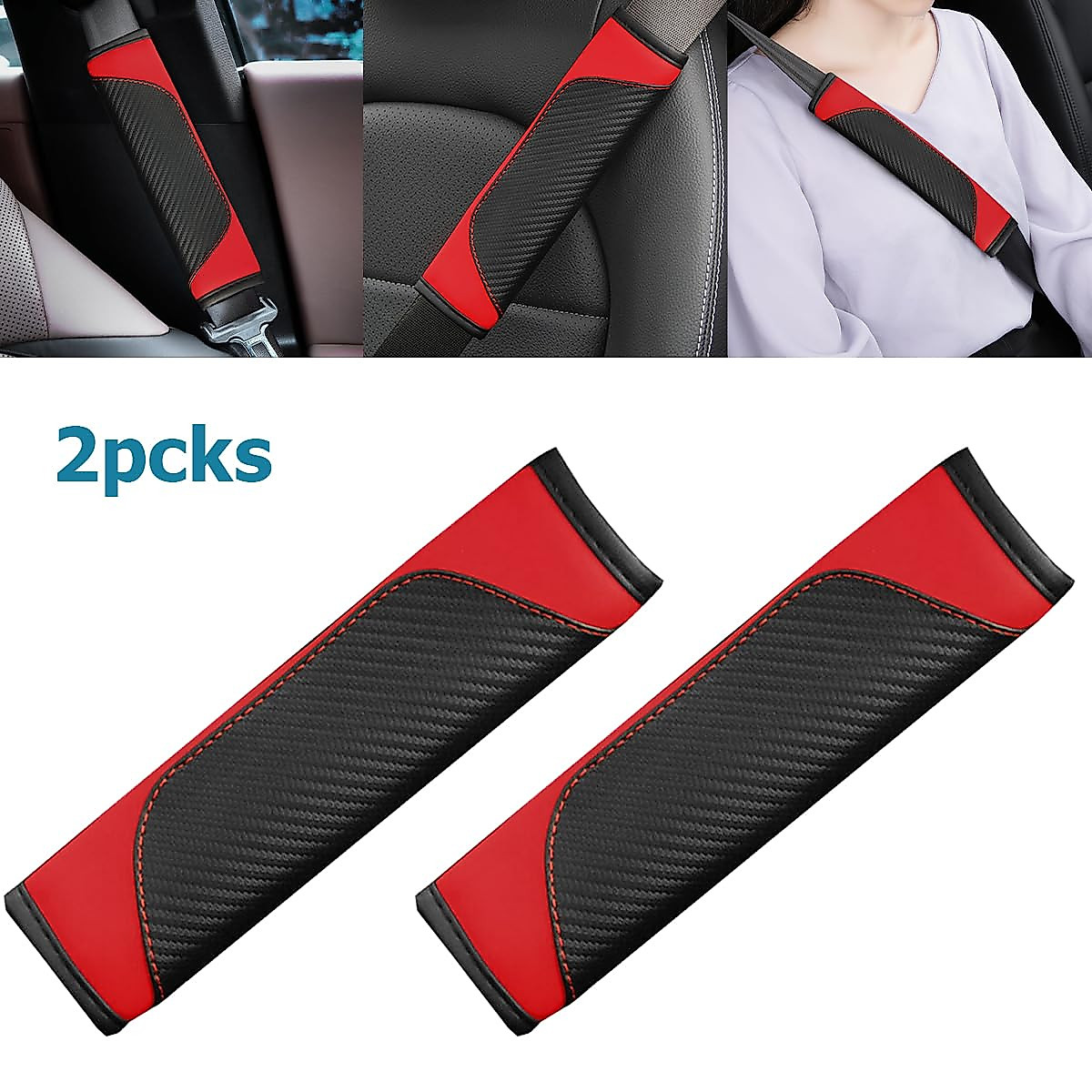 BESULEN Car Seat Belt Cover, 2 Pack Carbon Fiber Leather Seatbelt Shoulder Pad, Auto Safety Seat Belt Cushion Protector Compatible with All Cars and Backpack Strap (Carbon Fiber/Red)