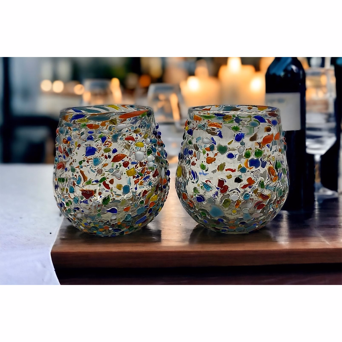 Mexican Confetti Rock Wine Glasses - Set of 2 | Hand Blown 18oz Stemless Glassware