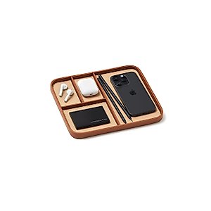 Nordik Leather Valet Tray - Sand Brown - Premium Vegan Leather Stylish and Organized Nightstand Tray for Men - EDC Catchall Tray for Keys, Watch, Wallet, Jewelry - Modern Bedside Caddy