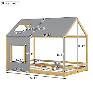 Bellemave House Bed Full Size Montessori Style Floor Bed Frame Wood Kids Cabin Beds Fun Playhouse Bed with Roof and Window for Girls Boys Teens, Gray with Natural