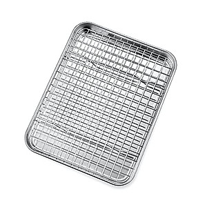10.4 Inch Toaster Oven Pan with Rack Set, P&P CHEF Stainless Steel Small Baking Pan Tray and Grid Cooling Rack for Cooking/Roasting, A Pan and A Rack, Dishwasher Safe & Easy to Clean & Non-toxic
