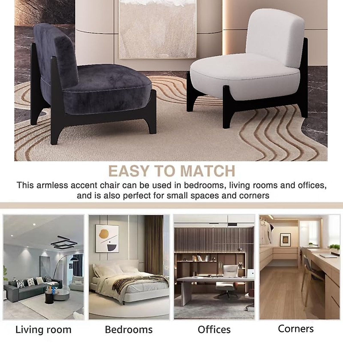 1 Piece Upholstered Velet Fabric Mid Century Modern Accent Chair with Solid Wood Frame, Comfy Armless Chair for Living Room, Bedroom, Reading, Balcony,Black