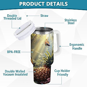 Slewiaeky Tumbler with Handle 40 oz Tropical Butterfly Insect Travel Mug with Lid and Straw Pineapple Stainless Steel Vacuum Insulated Water Bottle Cup for Iced Tea Coffee Cold Beverages Cup Holder F