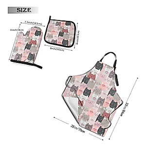 Oplp Funny Pink Cute Cats 3 Piece Kitchen Set Waterproof Apron with Oven Mitt and Pot Holder Cooking Adjustable Apron Microwave Glove Potholder