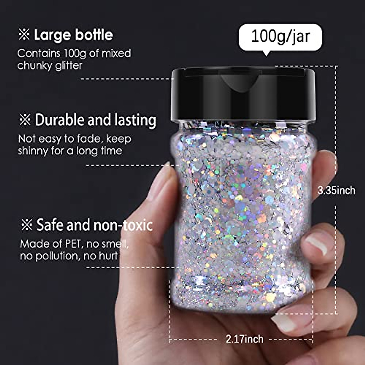 HTVRONT Holographic Chunky Glitter, 100g Silver Chunky Glitter for Resin, 3.53oz Iridescent Glitter Chunky Mixed with Fine Glitter, Shaker Cap Chunky Glitter for Tumbler, Nail, Makeup Craft Glitter