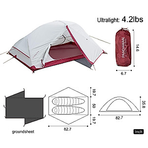 Pandaman 1-2 Person 4 Season Ultralight 20D Nylon Coated Silicone Waterproof 4000mm Wind Proof Camping Tent for Backpacking, Hiking, Mountaineering (2P, WR)