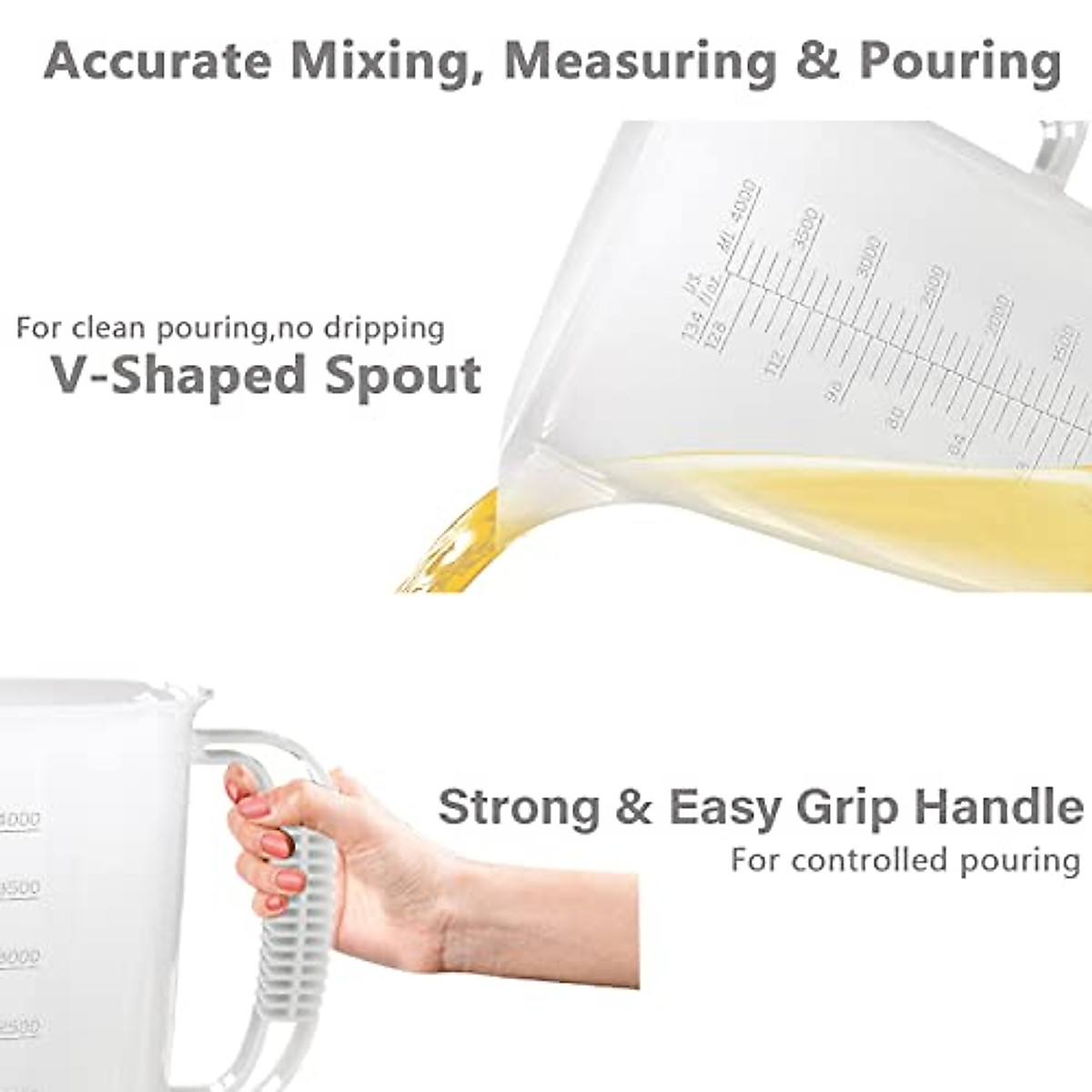 1 Gallon Measuring Pitcher-Convenient Conversion Chart,134oz Extra Large Plastic Measuring Cup-Strong Food Grade Material,Graduated Mixing Pitcher Great for Lawn,Pool Chemicals, Motor Oil and Fluids