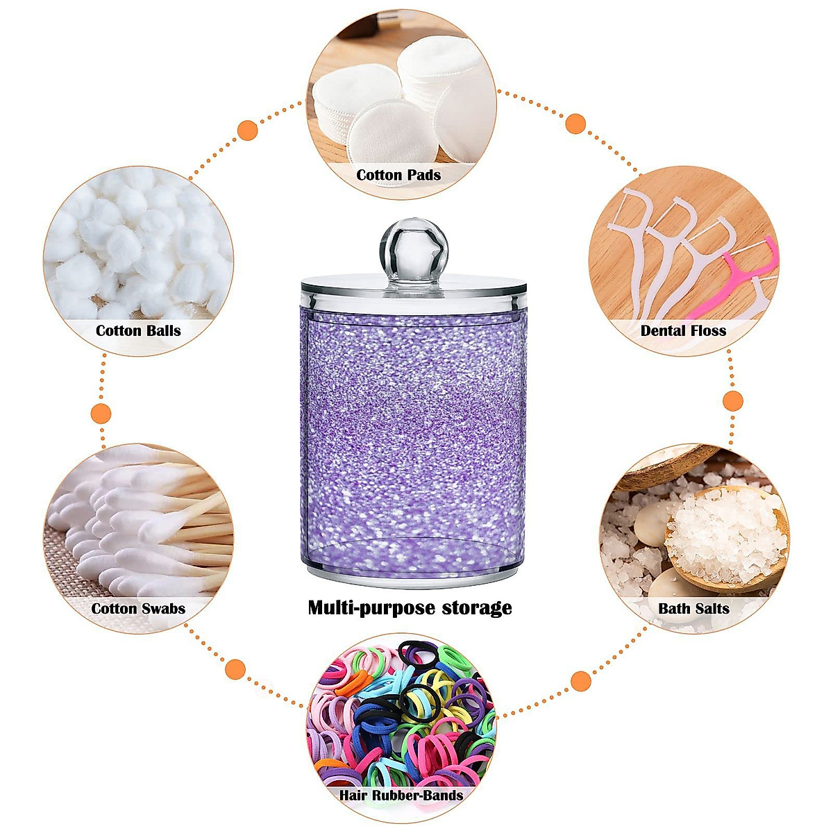 Purple Glitter Qtip Holder Dispenser Girly Bling Bathroom Canister Storage Organization 2 Pack Clear Plastic Apothecary Jars with Lids Vanity Makeup Organizer For Cotton Swab Ball Floss