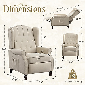 Pushback Recliner Chair, Fabric Armchair Small Recliners Home Theater Seating, Adjustable Modern Reclining Chair for Adults in Living Room (Linen, Beige)