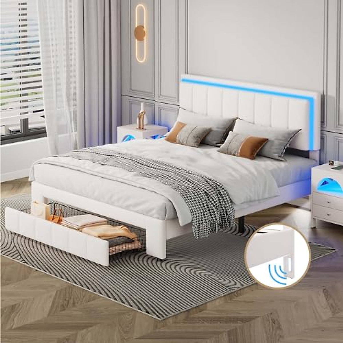 Modern Queen Size Upholstered Platform Bed with LED Lights and 2 Motion Activated Night Lights, PU Leather Platform Bed Frame Mattress Foundation with Storage Drawer for Bedroom Guest Room (White-A4)