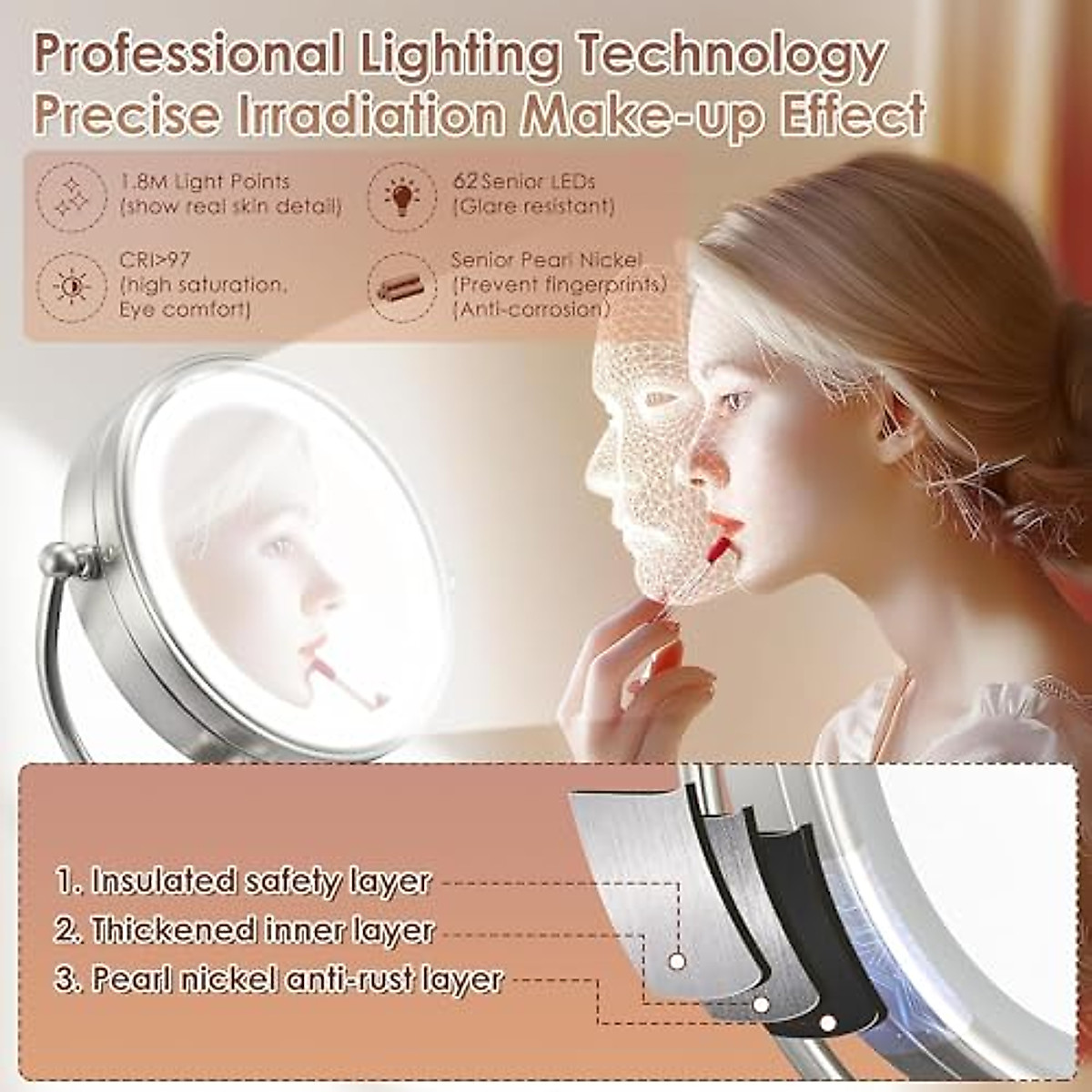 VESAUR 10" Extra Large and 17" Tall Lighted Makeup Mirror, 1X/5X Magnifying Vanity Mirror with 3 Colors Dimmable, 62 Premium LED Lights, 360° Rotation Table Mirror 2 Power Supply, Pearl Nickel