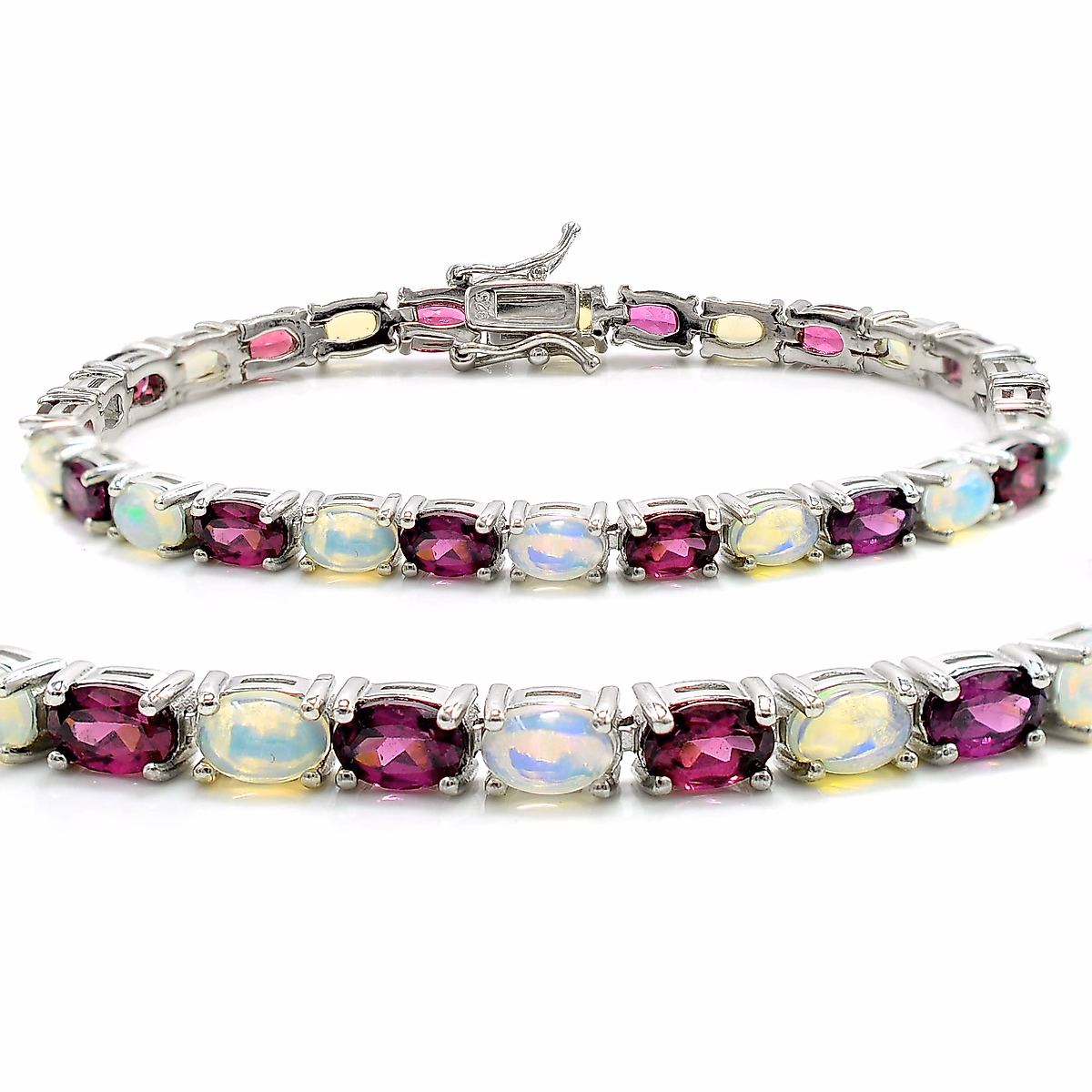 6X4 MM Oval Cut Natural Red Rhodolite Garnet Ethiopian Opal Gemstone 925 Sterling Silver January Birthstone Women Jewelry Tennis Bracelet Wedding Gift For Bridal Gift Christmas Gift For Girlfriend Gift (Rhodium Plated Silver, 6.5 Inches)