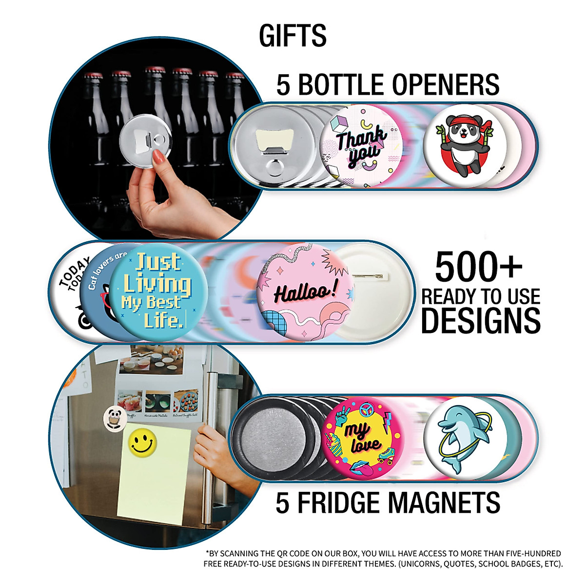 Nice2Have Button Maker Machine 2.25 inch (58mm) - (100pcs Buttons,5pcs Bottle Openers,5pcs Fridge Magnets, 500+ Free Designs,Circle Cutter&Magic Book&Paper) - Installation-Free Pin Maker Machine