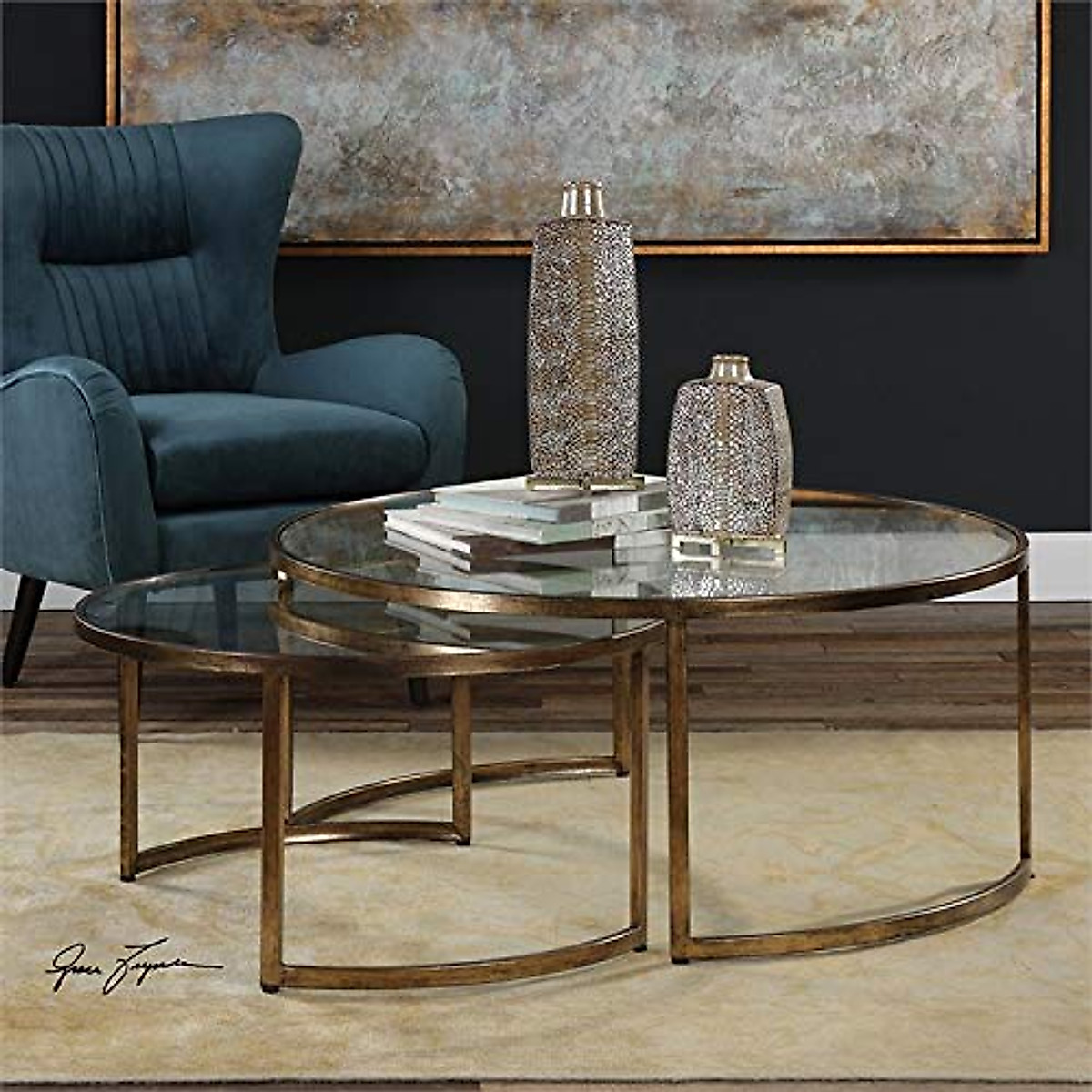 BOWERY HILL Transitional 2 Piece Glass Top Nesting Coffee Table Set in Gold