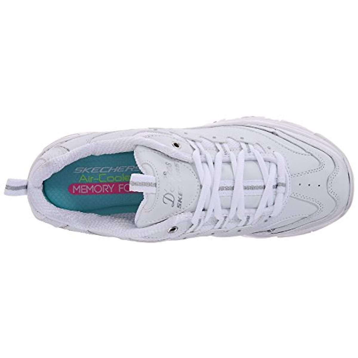 Skechers Women's D'Lites Memory Foam Lace-up Sneaker,White Silver,7 M US