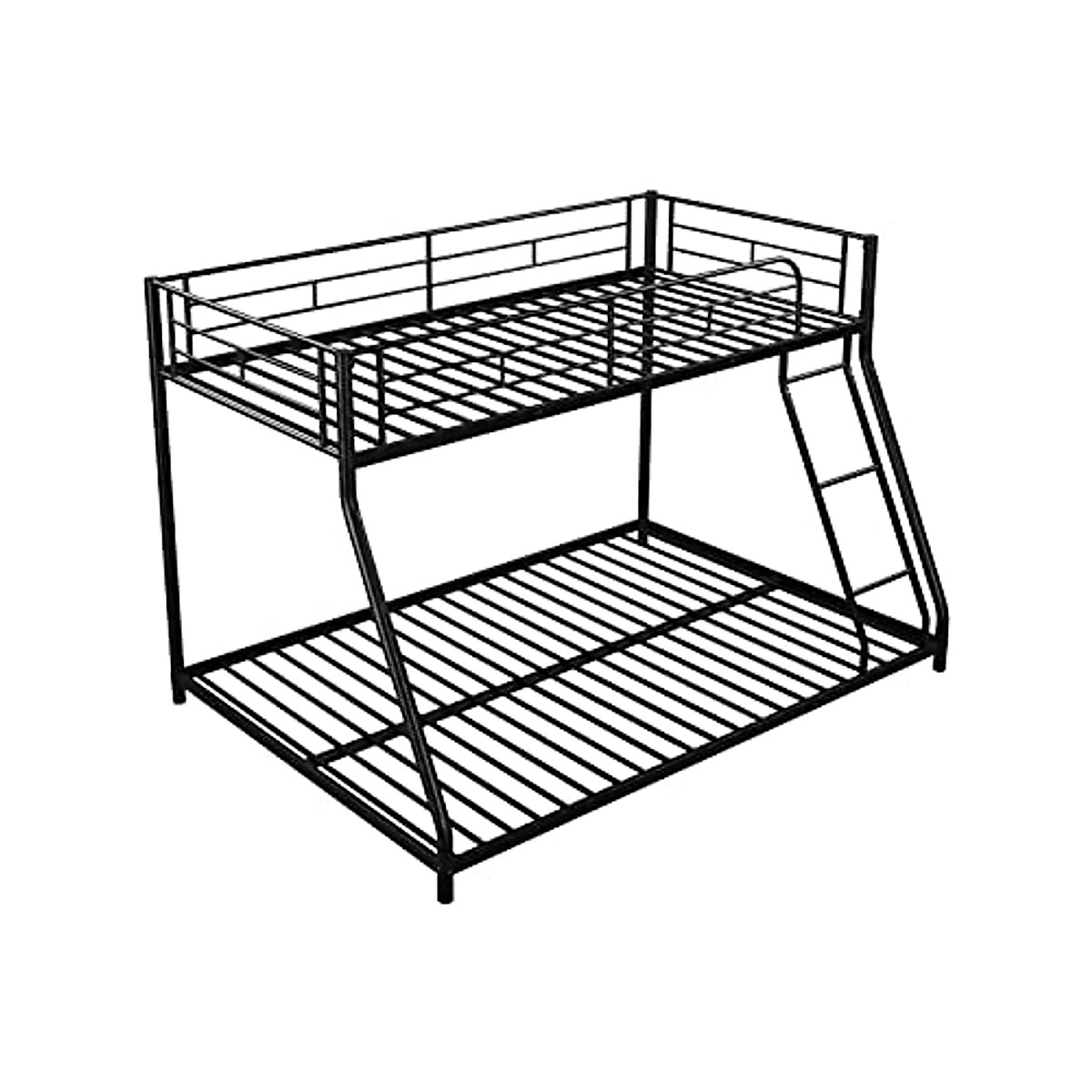 Majnesvon Metal Floor Bunk Bed, Twin Over Full Low Bunk Bed, Heavy Duty Frame with Sloping Ladder and Safety Guardrails for Teens Adults, No Box Spring Needed,Easy Assembly (Black)