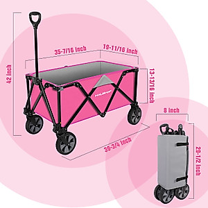 HAUSHOF Heavy Duty Collapsible Wagon, Folding Outdoor Utility Wagon, Camping Garden Beach Cart with Universal Quick Release Wheels, Adjustable Handle, 176 lbs Load Capacity, Pink