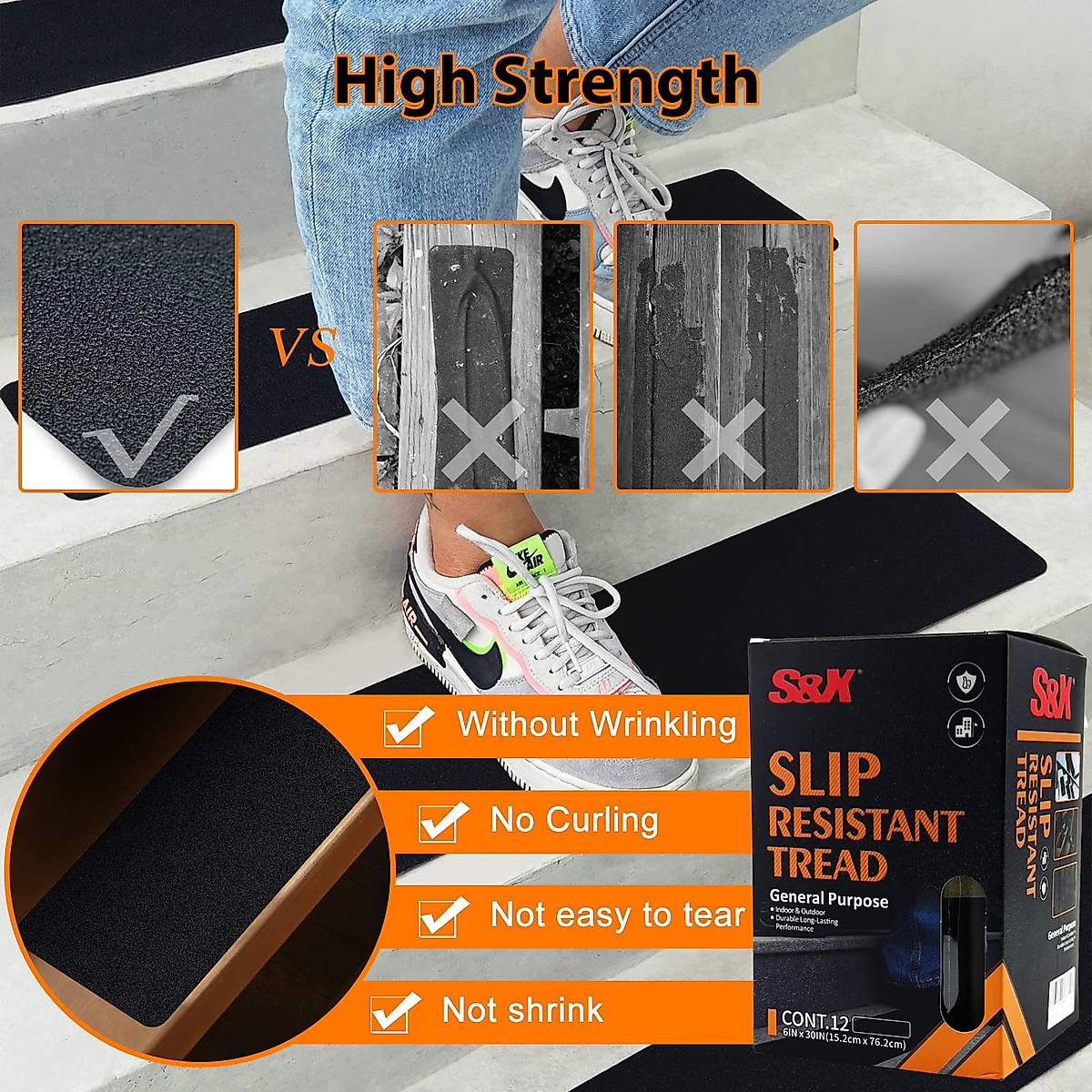 S&X Stair Treads Non-Slip Outdoor Grip Tape, 12-Pack, 6” x 30” Pre-Cut Anti Slip Tape, Black