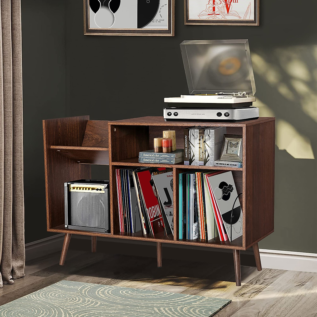 QHITTY Record Player Stand, Mid-Century Modern Vinyl Record Storage Cabinet Table with Wood Legs, Turntable Stand Record Holder Holds Up to 300 Albums for Living Room, Bedroom