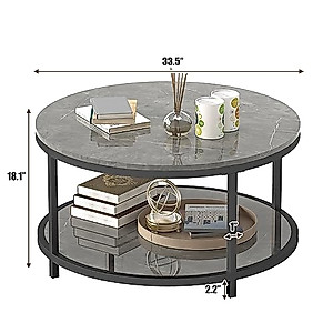 WiberWi Round Coffee Table 33.5" Coffee Tables for Living Room High Glossy Faux Marble Top Modern Circle Table Sturdy Black Metal Frame Legs Cocktail Table with Storage Open Shelf
