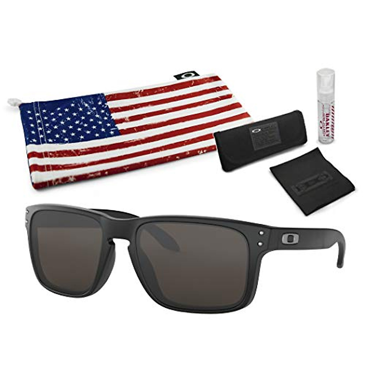 Oakley Holbrook Sunglasses (Matte Black Frame, Warm Grey Lens) with Lens Cleaning Kit and Country Flag Microbag