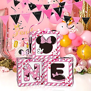 Pink Mouse Girl 1st Birthday Party Decorations Balloon Boxes, 3pcs Pink Mouse Theme One Years Old Birthday Balloon Boxes,for Girl First Birthday Party Decorations Supplies
