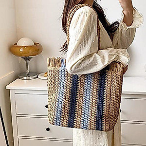 Straw Woven Shoulder Bag Stripes Handmade Summer Beach Top-Handle Handbag Travel Holiday Women Vacation Totes Beige