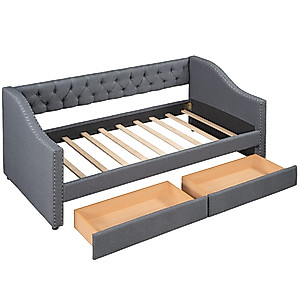 Oudiec Upholstered Twin Size daybed with Drawers,Pine Wood Bed Frame Bedroom Furniture Bedframe with Headboard & Wood Slat Support,No Box Spring Needed, Gray