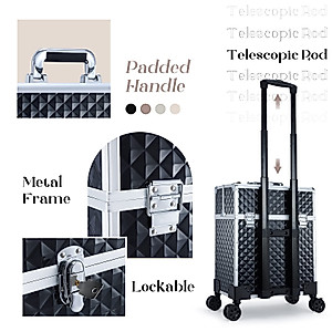Adazzo Professional Rolling Makeup Case for Makeup Artists Multi-functional Cosmetic Train Case Large Storage Case for Nail Technicians Cosmetology Case with Compartments for Hairstylist