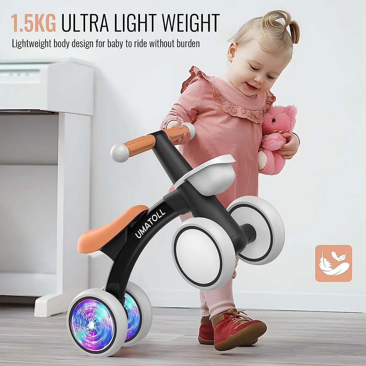 Umatoll Colorful Lighting Baby Balance Bike Toys for 1 Year Old Boys Gifts, Adjustable Seat Baby Walker, One Year Old Boy Birthday Gifts, 12-24 Months Toddler First Ride on Toys with Removable Basket