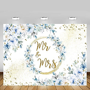 MEHOFOND 7x5ft Blue Floral Backdrop for Mr and Mrs Engagement Party Decorations Couples Wedding Golden Dots Glitter Photography Background Anniversary Ceremony Bridal Shower Banner Photo Booth Props