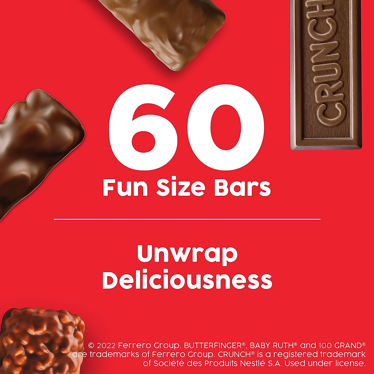 Butterfinger, CRUNCH, Baby Ruth and 100 Grand, Bulk 60 Pack, Assorted Fun Size Chocolate Candy Bars, 37.2 oz
