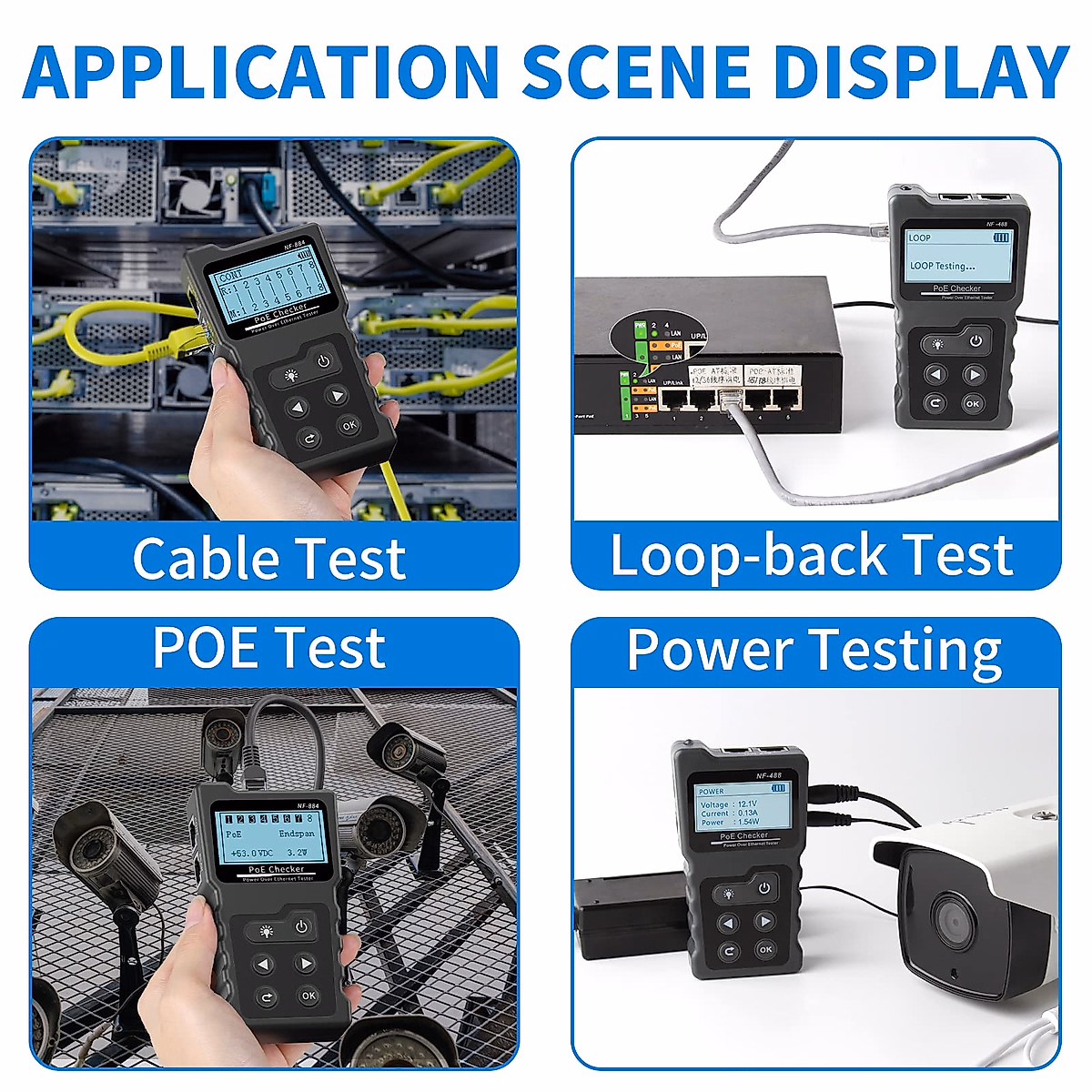 RJ45 Network Cable Tester, VXSCAN Multifunction Poe Ethernet Cable Tester Kit for CAT5e/CAT6/CAT6a, Network Cable Continuity Tester DC Power & Switch Loop-Back Test Poe Checker