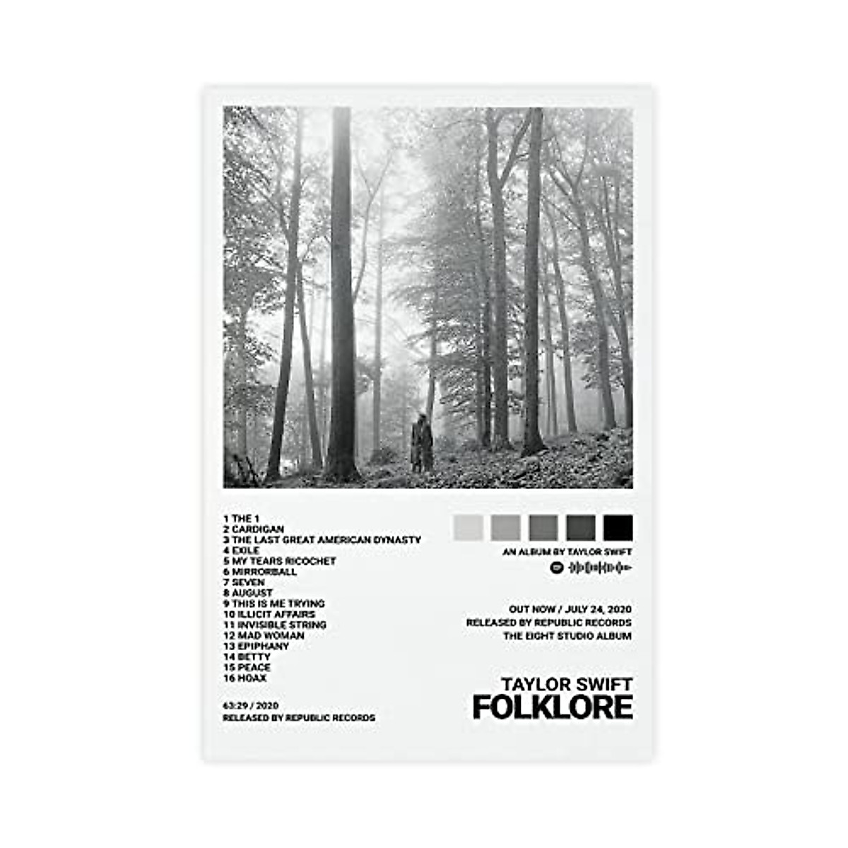 YANSHENG Music Poster Folklore By Swift Canvas Poster Unframe:12x18inch(30x45cm)