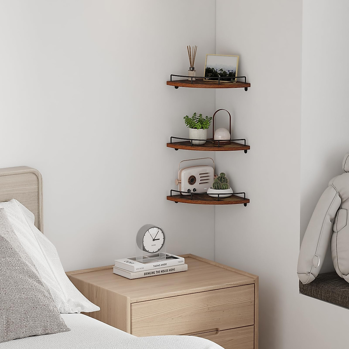 HORLIMER Floating Corner Shelf Wall Mount, Set of 3 Rustic Wood Corner Wall Shelves with Fence for Bedroom, Living Room, Bathroom, Kitchen, Brown