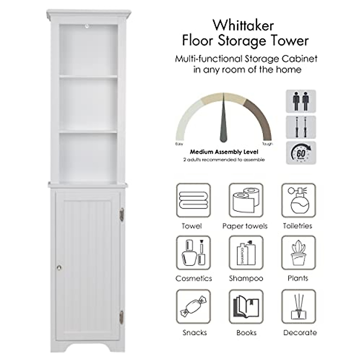UTEX 64" Freestanding Storage Cabinet, Bathroom Tall Cabinet with Doors and Shelves, Free Standing Linen Tower, Home Storage Furniture,White